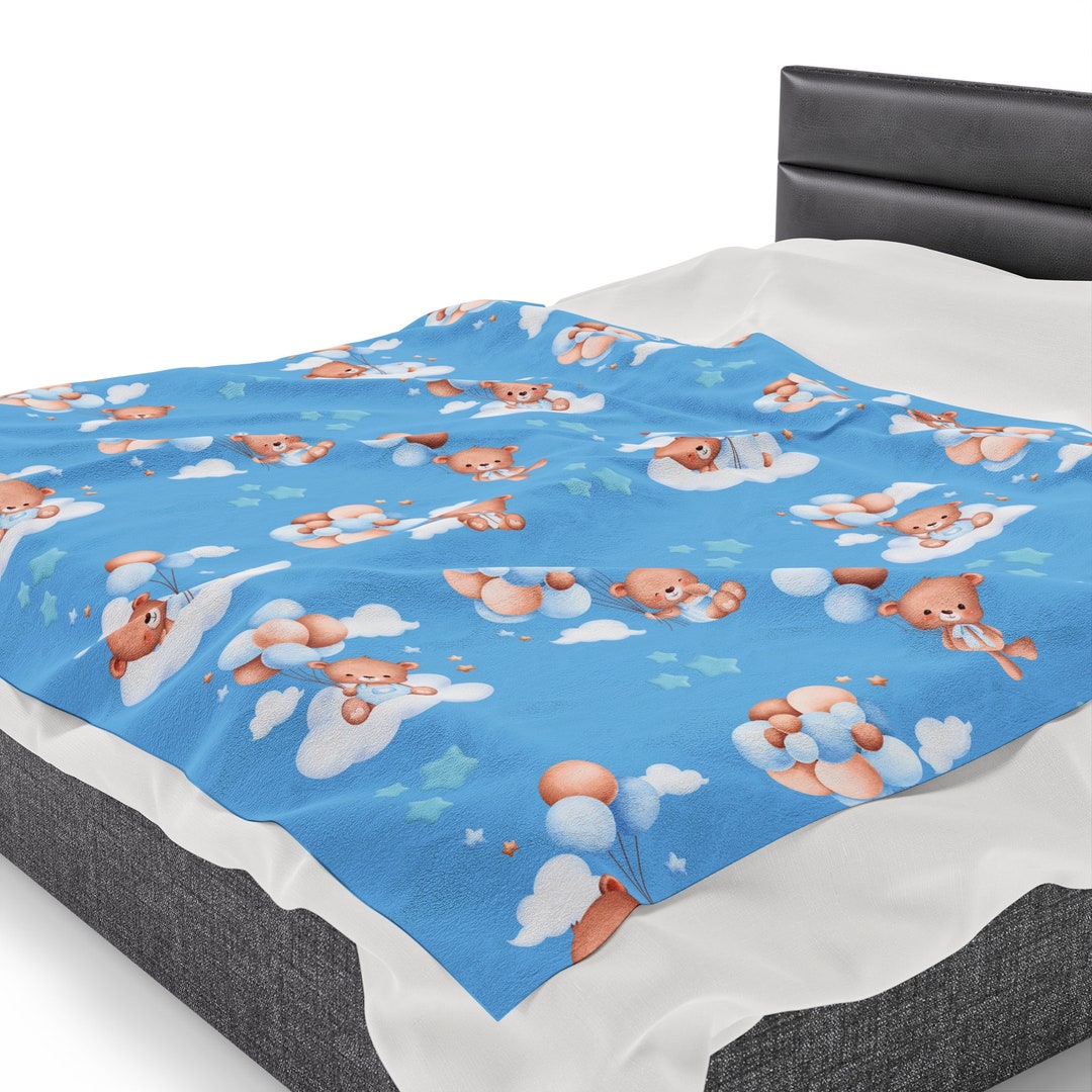 Sleepy Teddy Bear Blue Velveteen Plush Blanket, Teddy Bear Throw ...