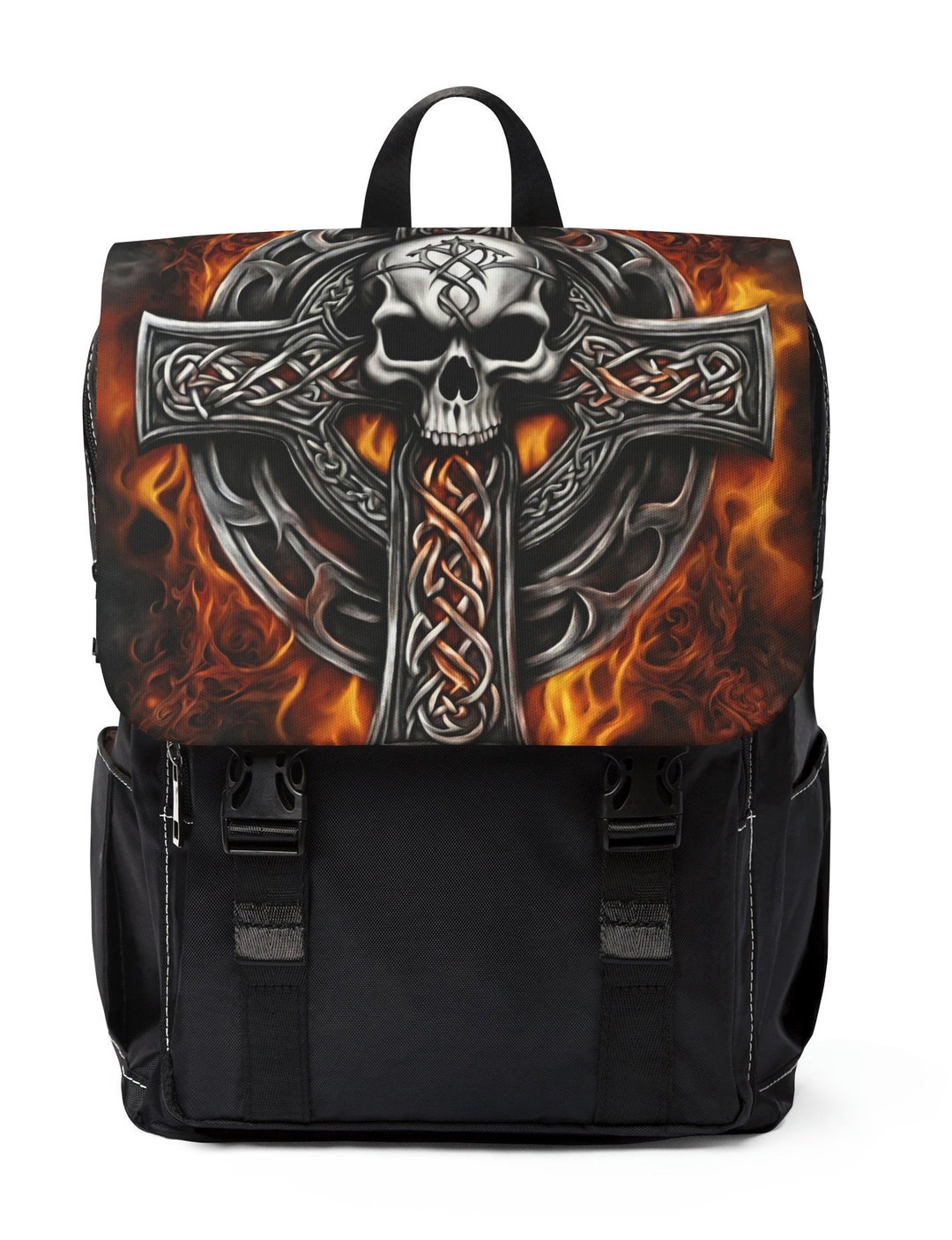 Up in Flames Celtic Cross Skull Unisex Casual Shoulder Backpack, Fun ...
