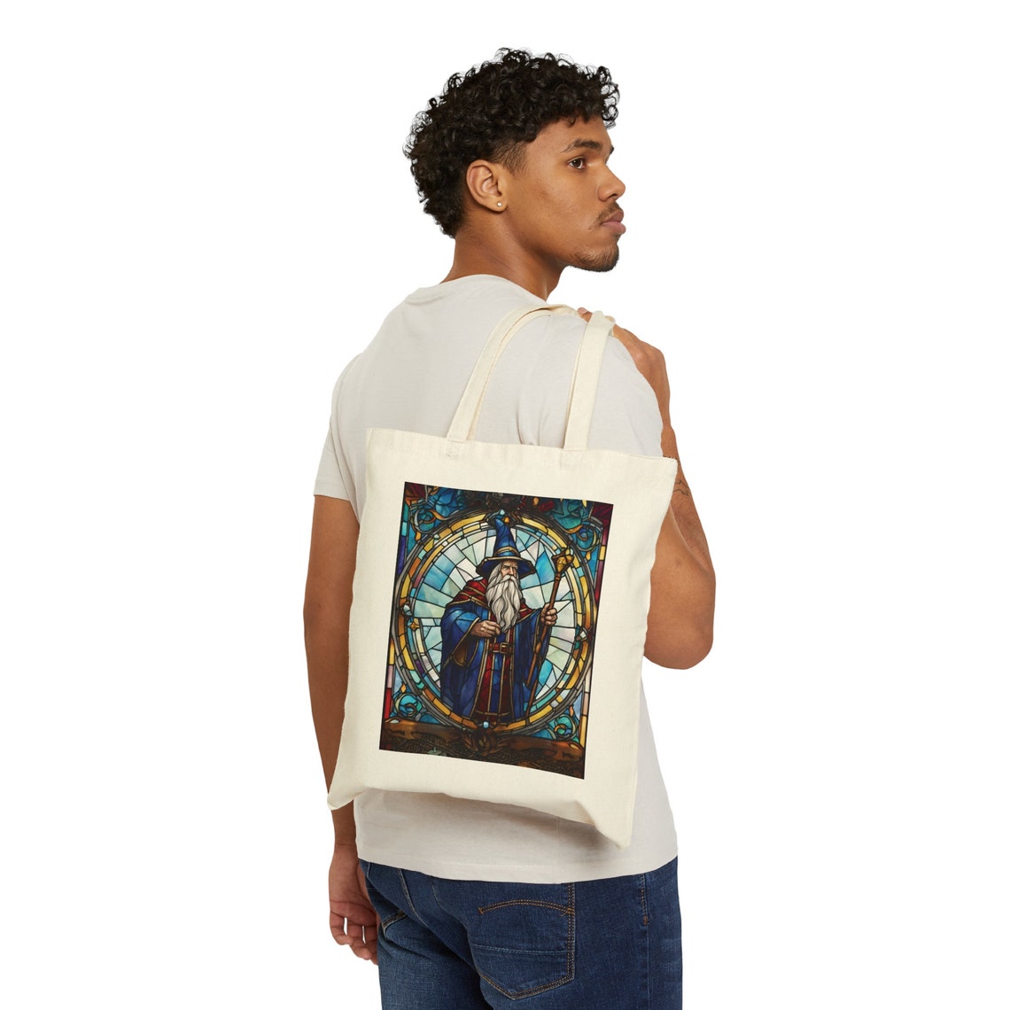 Wizard Cotton Canvas Tote Bag, Faux Stained Glass-look Wizard Tote Bag ...