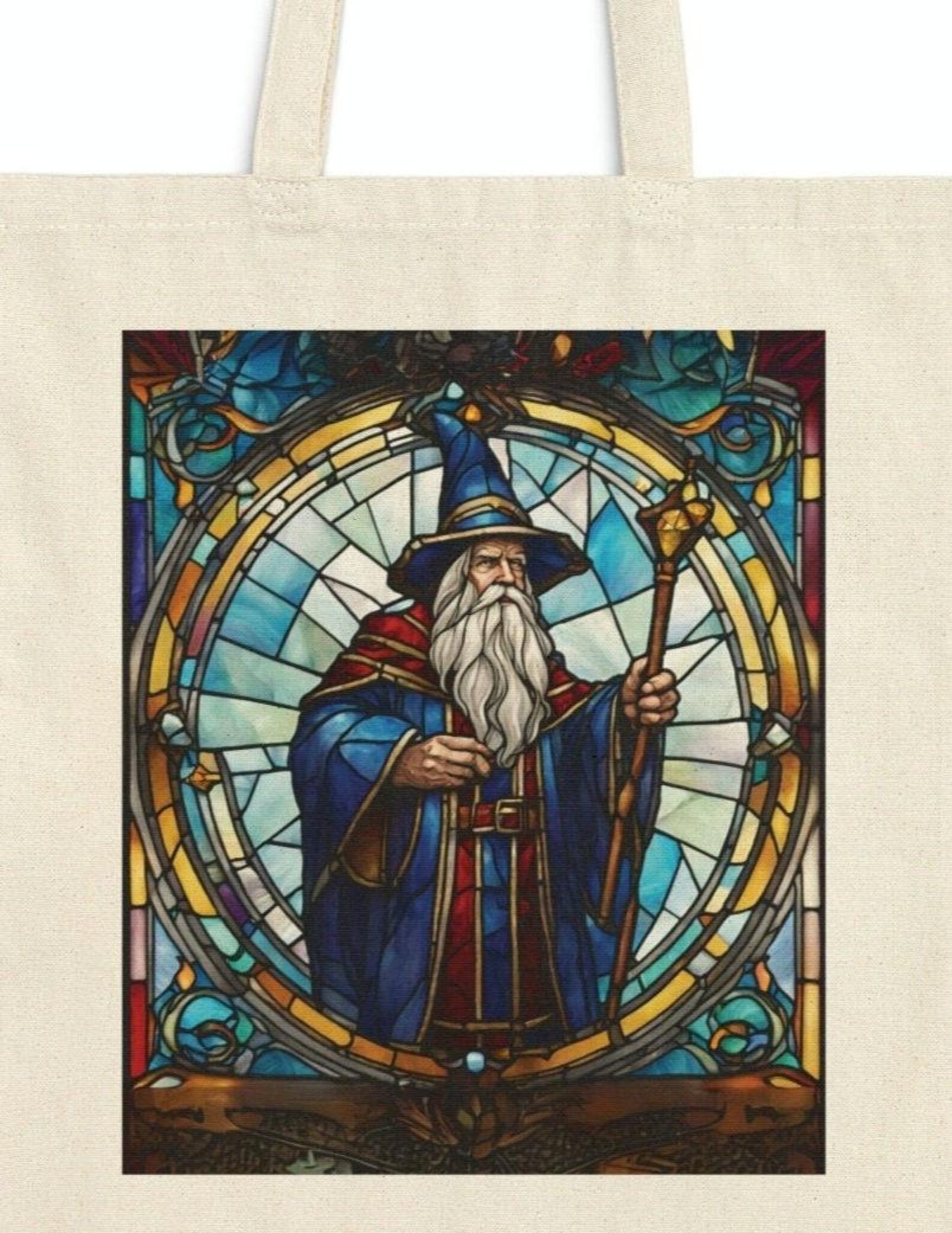 Wizard Cotton Canvas Tote Bag, Faux Stained Glass-look Wizard Tote Bag ...