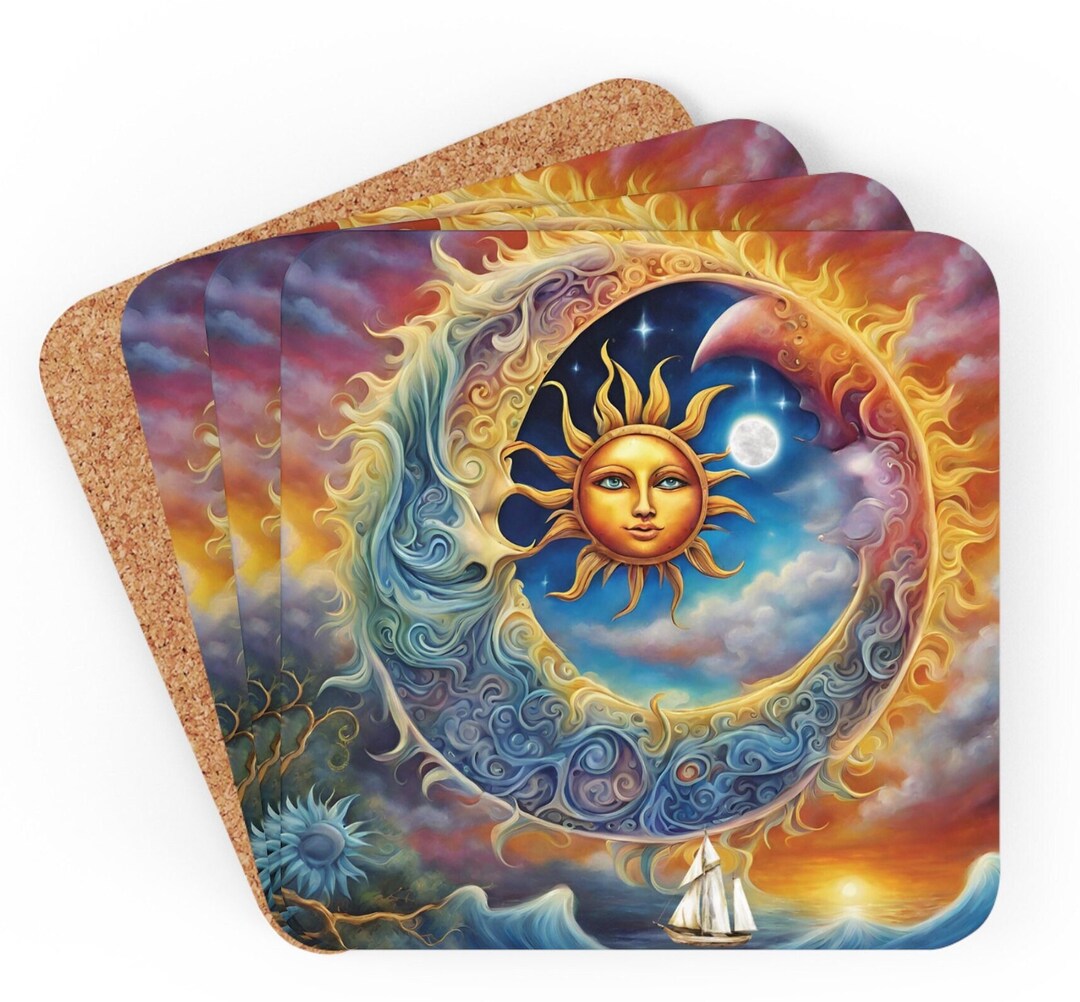 Swirling Sun and Moon Fantasy Corkwood Coaster Set, Celestial Coaster ...