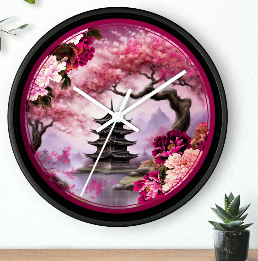 Cherry Tree Wall Clock, Japanese Cherry Blossom Pagoda Home Decor ...