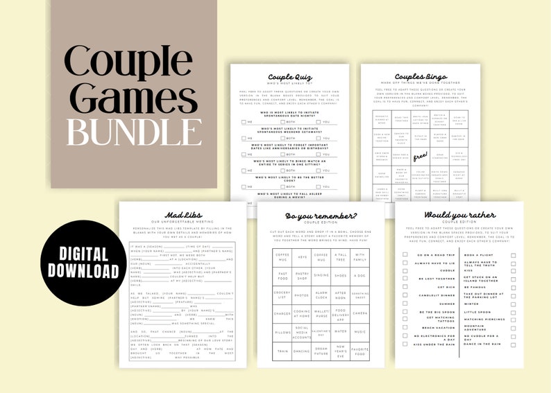 Printable Couple Games Bundle, Date Night Games, Marriage, Anniversary Games, Aesthetic, Card ...