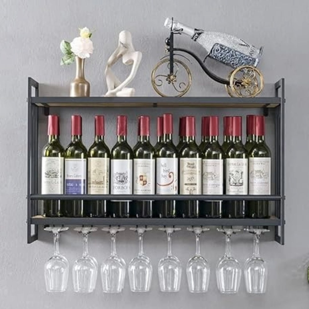 Wall Mount Wine Racks With Metal Frame And Glass Holder A Etsy