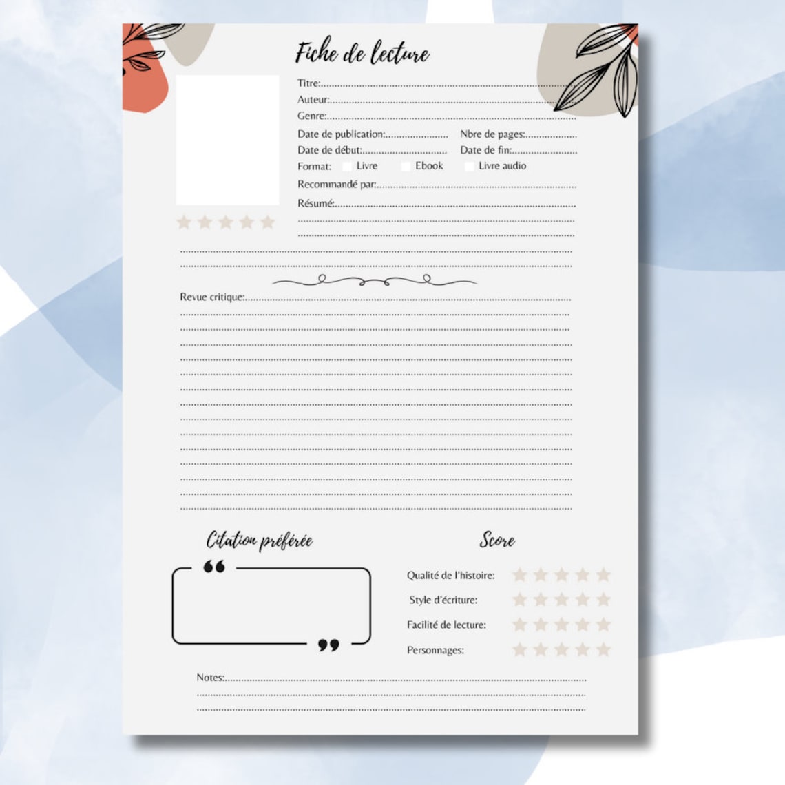 Modèle fiche de lecture français imprimable template fiche lecture ...