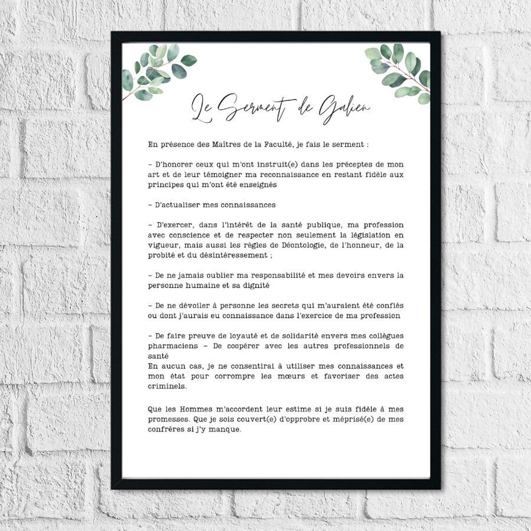 Affiche Serment de Galien cadeau pharmacien décor officine serment de ...