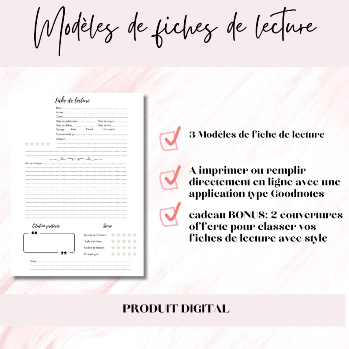 Modèle fiche de lecture français imprimable template fiche lecture ...