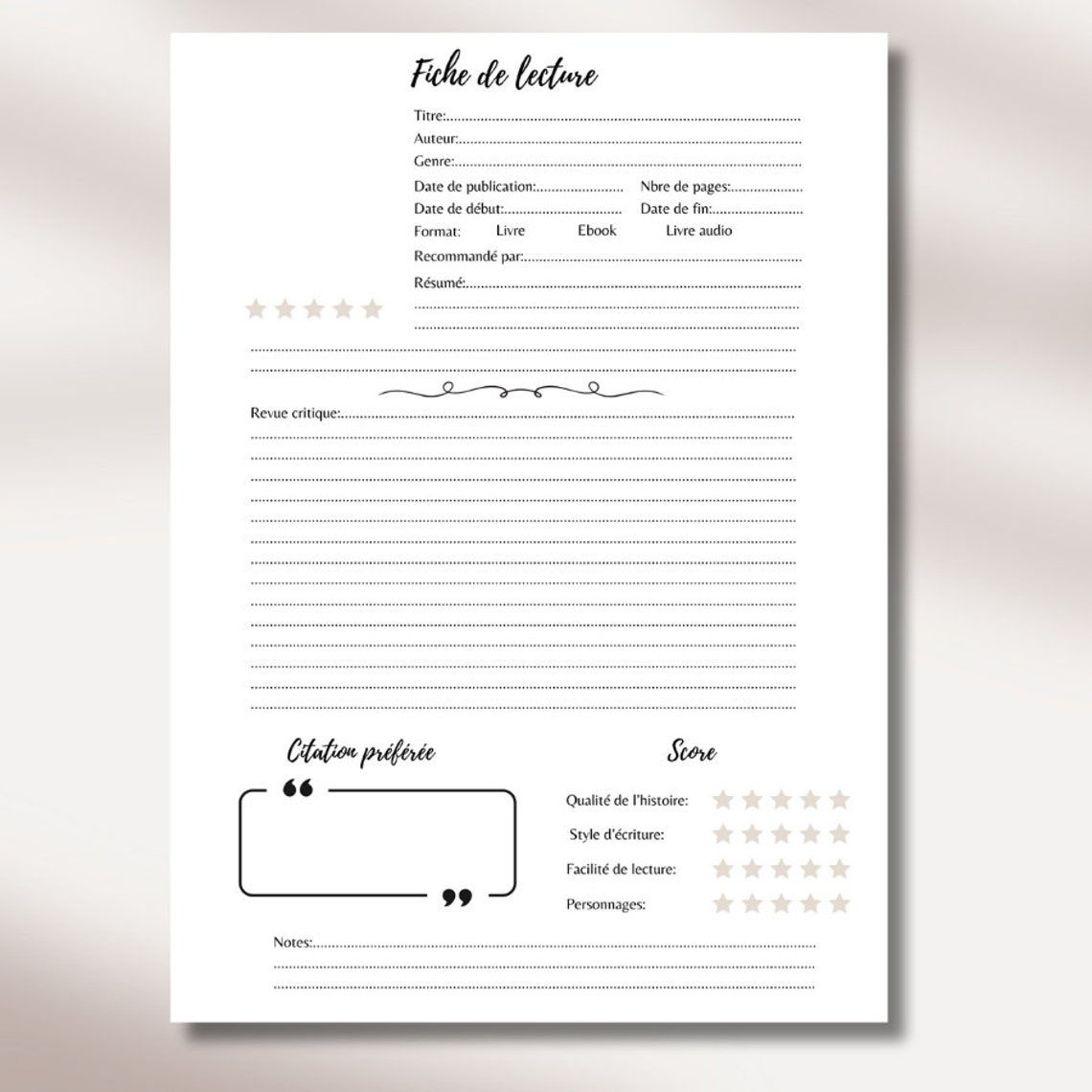 Modèle fiche de lecture français imprimable template fiche lecture ...