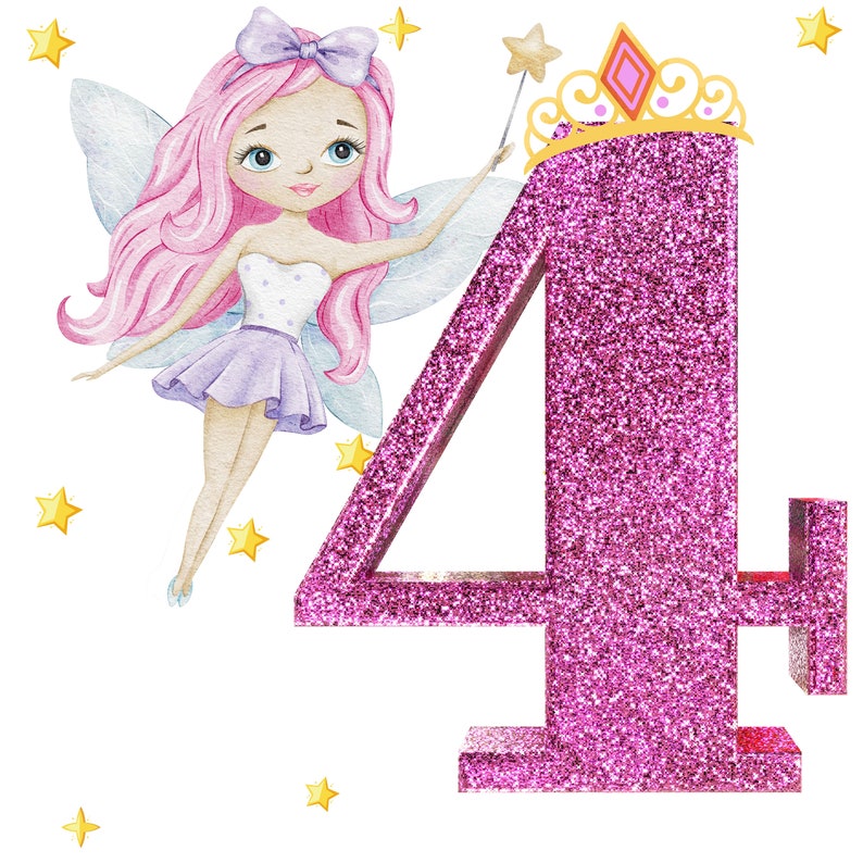 Girly Fairy Princess 4th Birthday PNG, Number PNG, Birthday Image ...