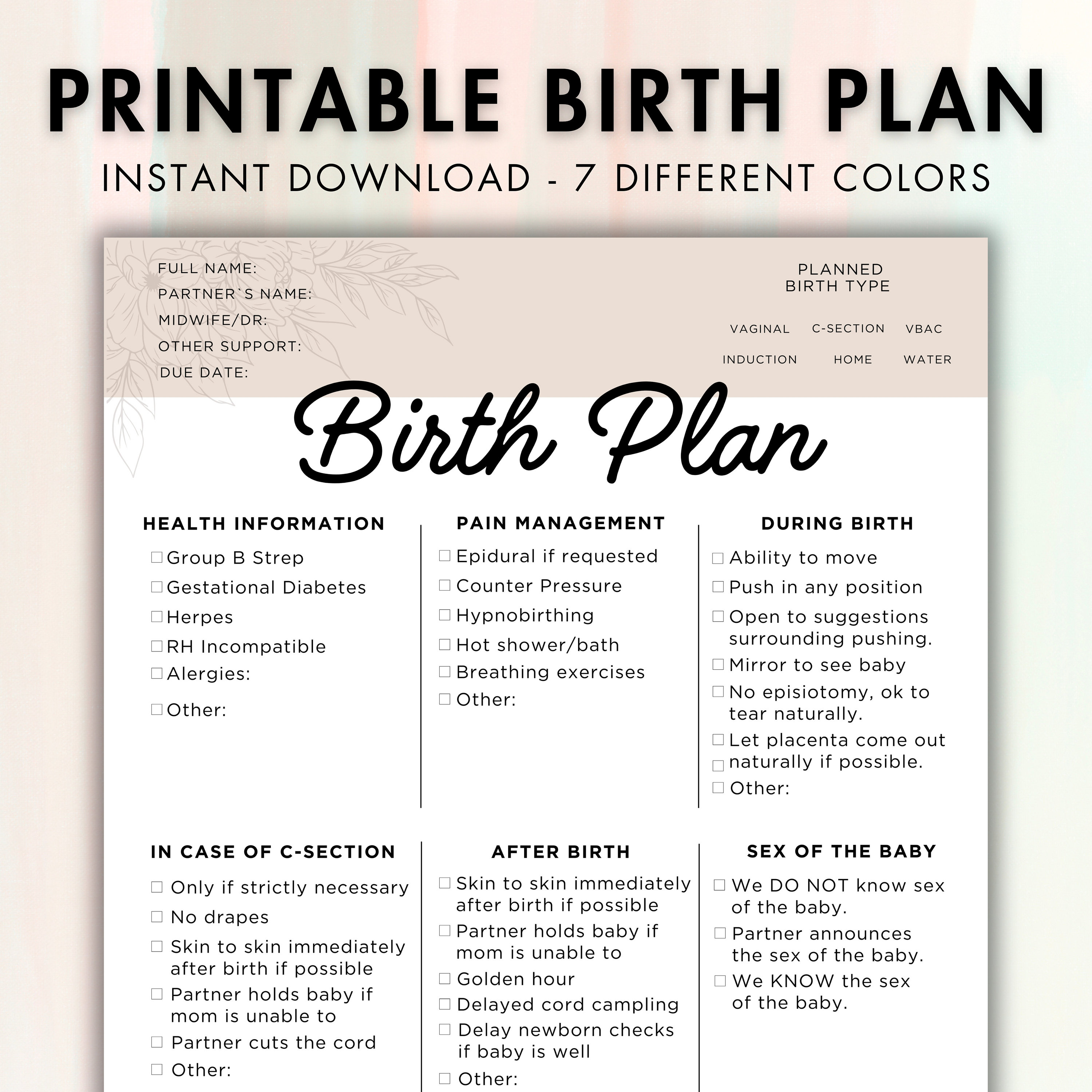 Birth Plan Template Printable Birthing Plan Labor and Delivery ...