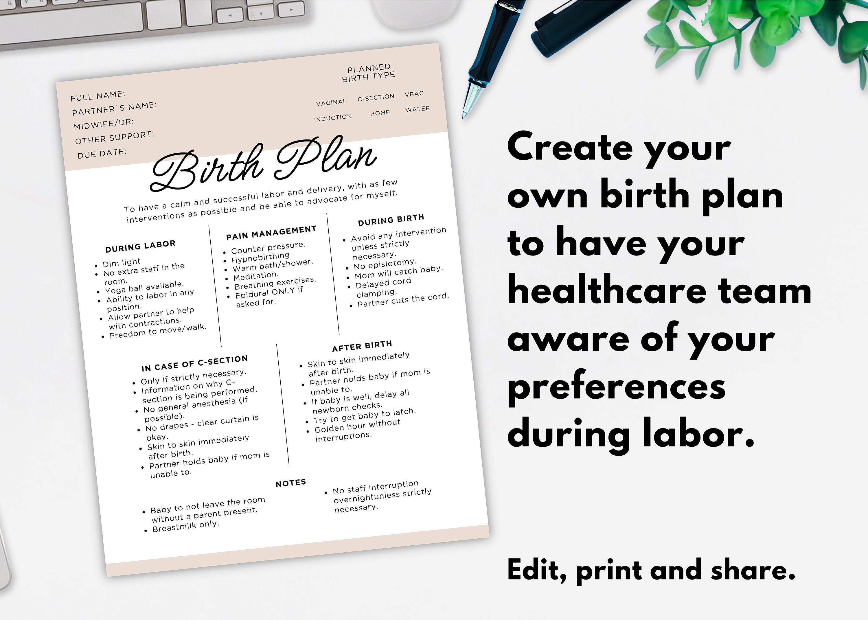 Editable Birth Plan Template Printable Birthing Plan Labor and Delivery ...