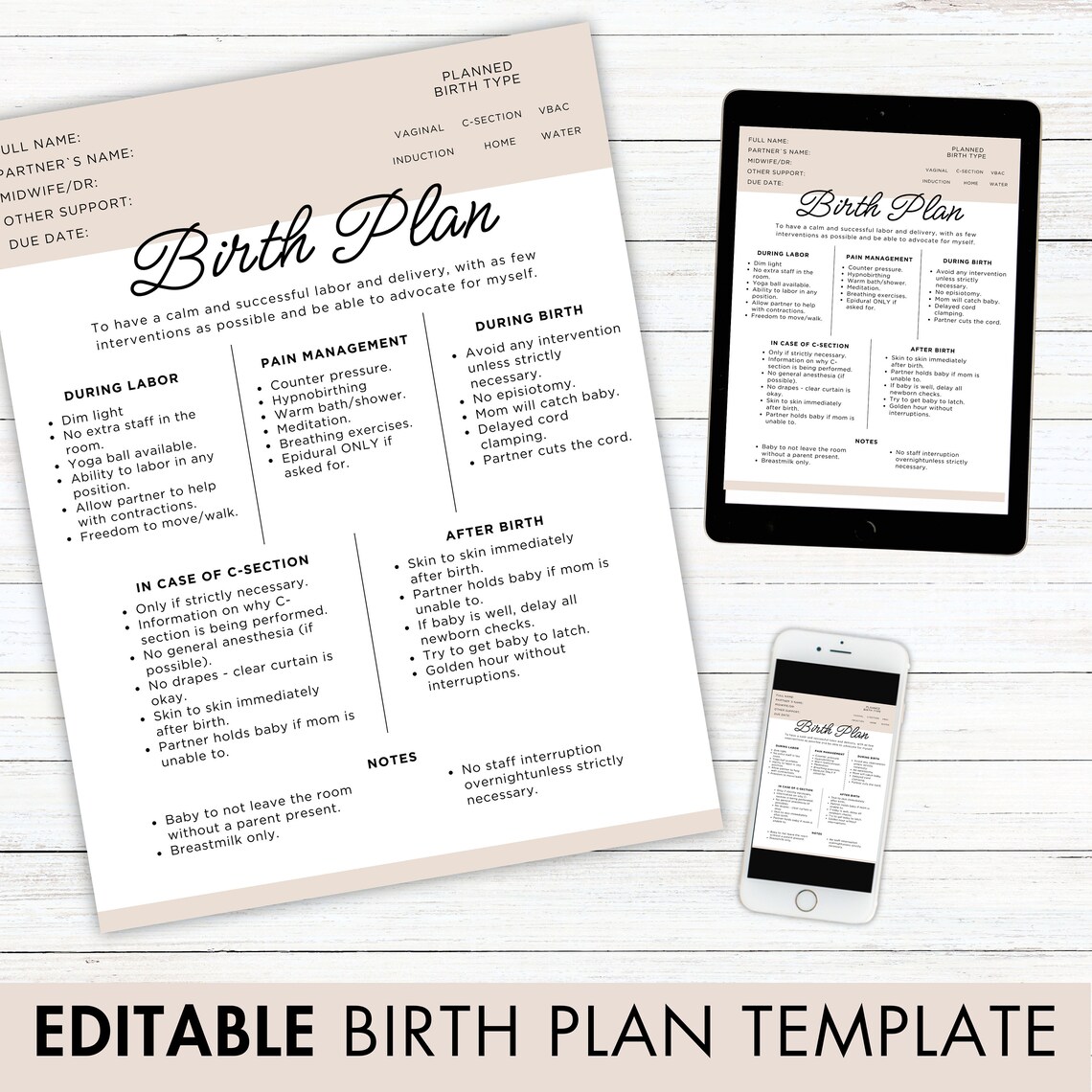 Editable Birth Plan Template Printable Birthing Plan Labor and Delivery ...