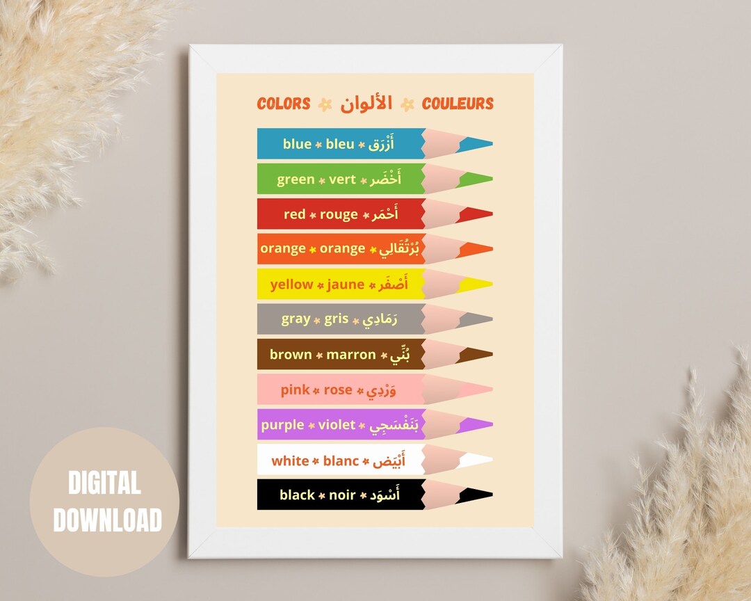 Colors Arabic English French, Printable Educational Poster, Instant ...