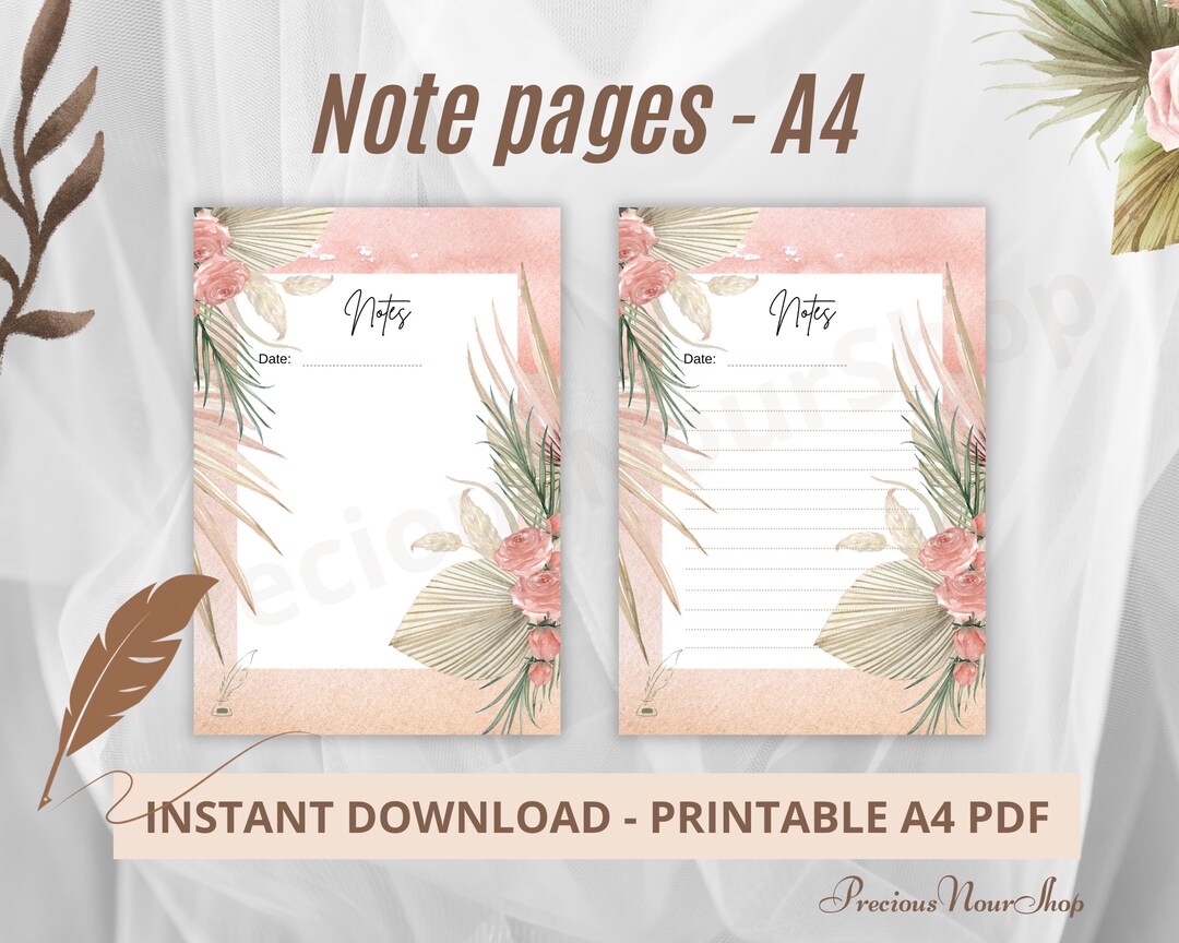 Printable A4 Blank Note Page With Floral Pattern, Note Page, Lined and ...