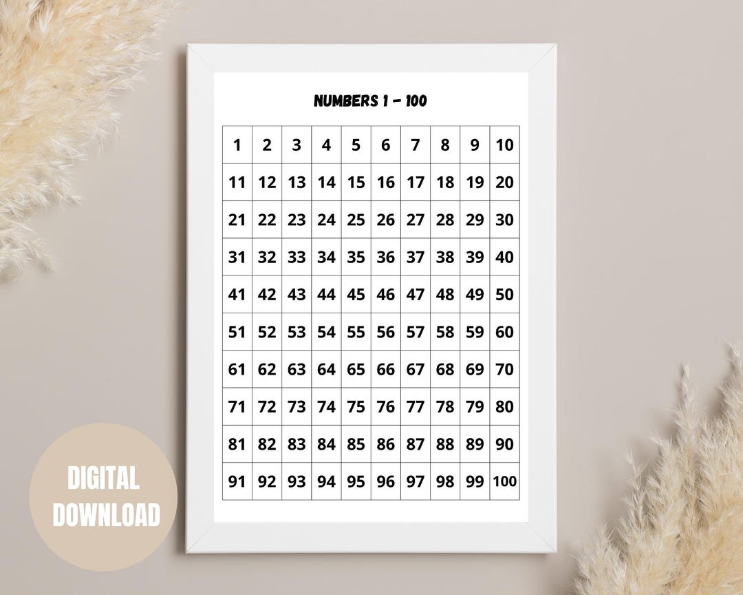 Hundreds Chart Black and White, Count to 100, PDF A4 Instant Download ...