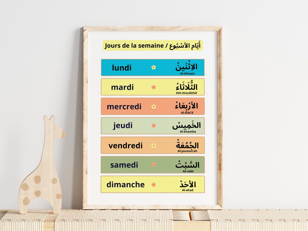 Days of the Week Arabic French, Printable Educational Poster, Nursery ...
