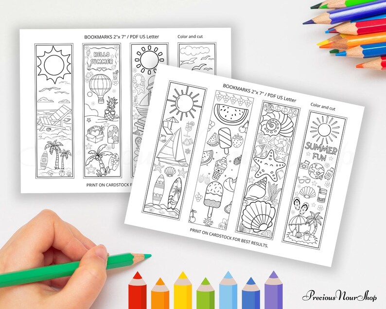 8 Summer Coloring Bookmarks for Kids, Printable Creative Coloring Pages ...