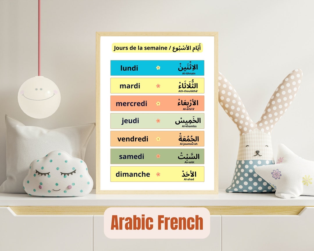 Days of the Week Arabic French, Printable Educational Poster, Nursery ...