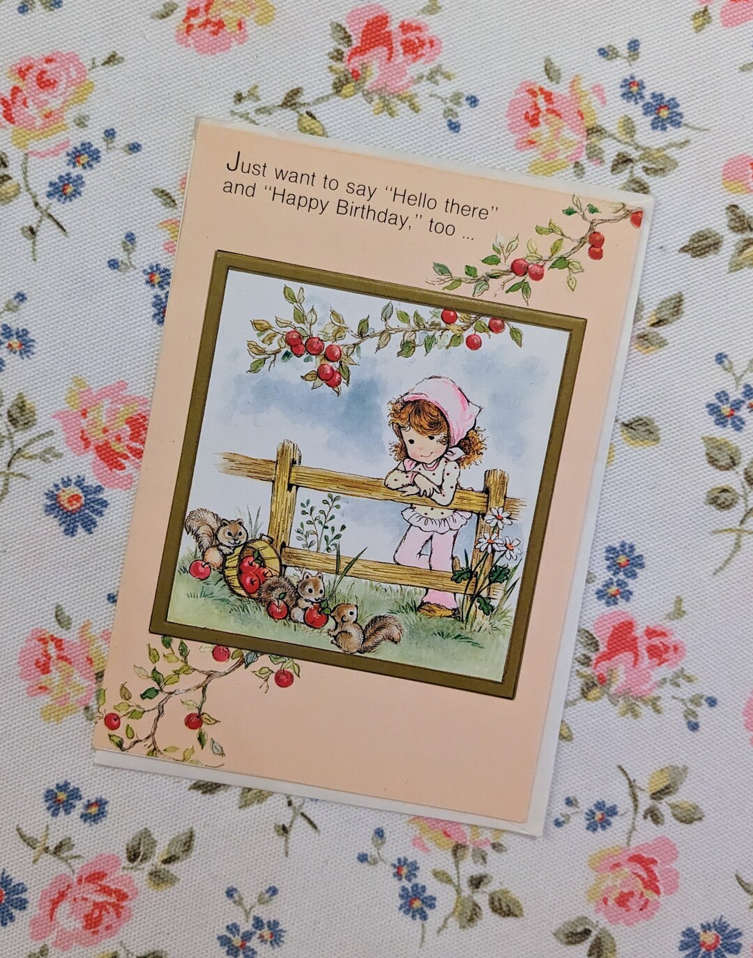 Vintage Cottage Birthday Card With Cottage Girl Illustration, Pink ...