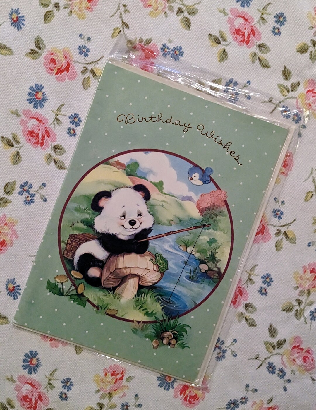 Cute Vintage Birthday Card Panda Bear Fishing Gift, Whimsical Cottage ...