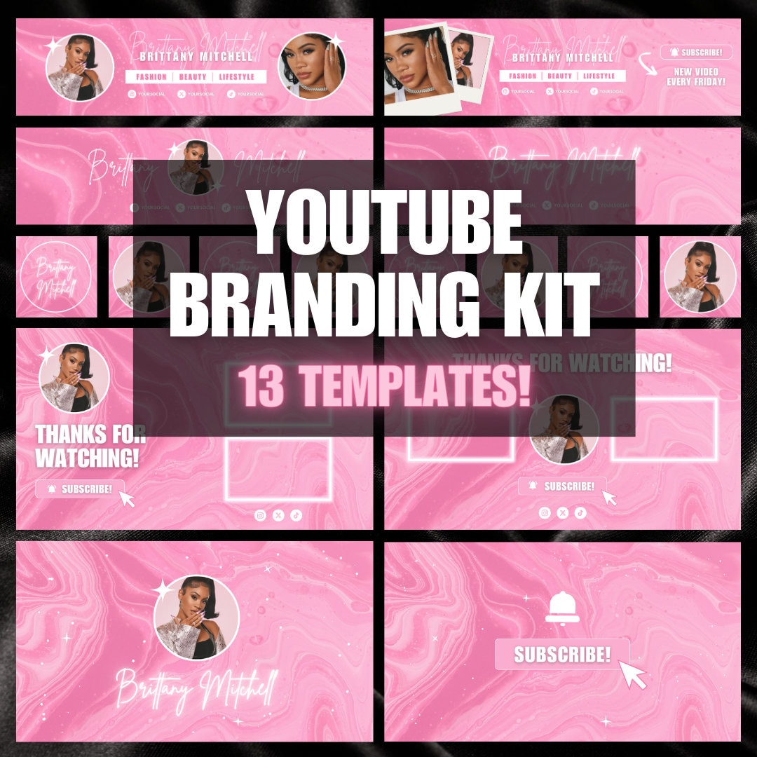 TRENDY GLAM Pink Marble Youtube Branding Kit | Editable Youtube Channel ...