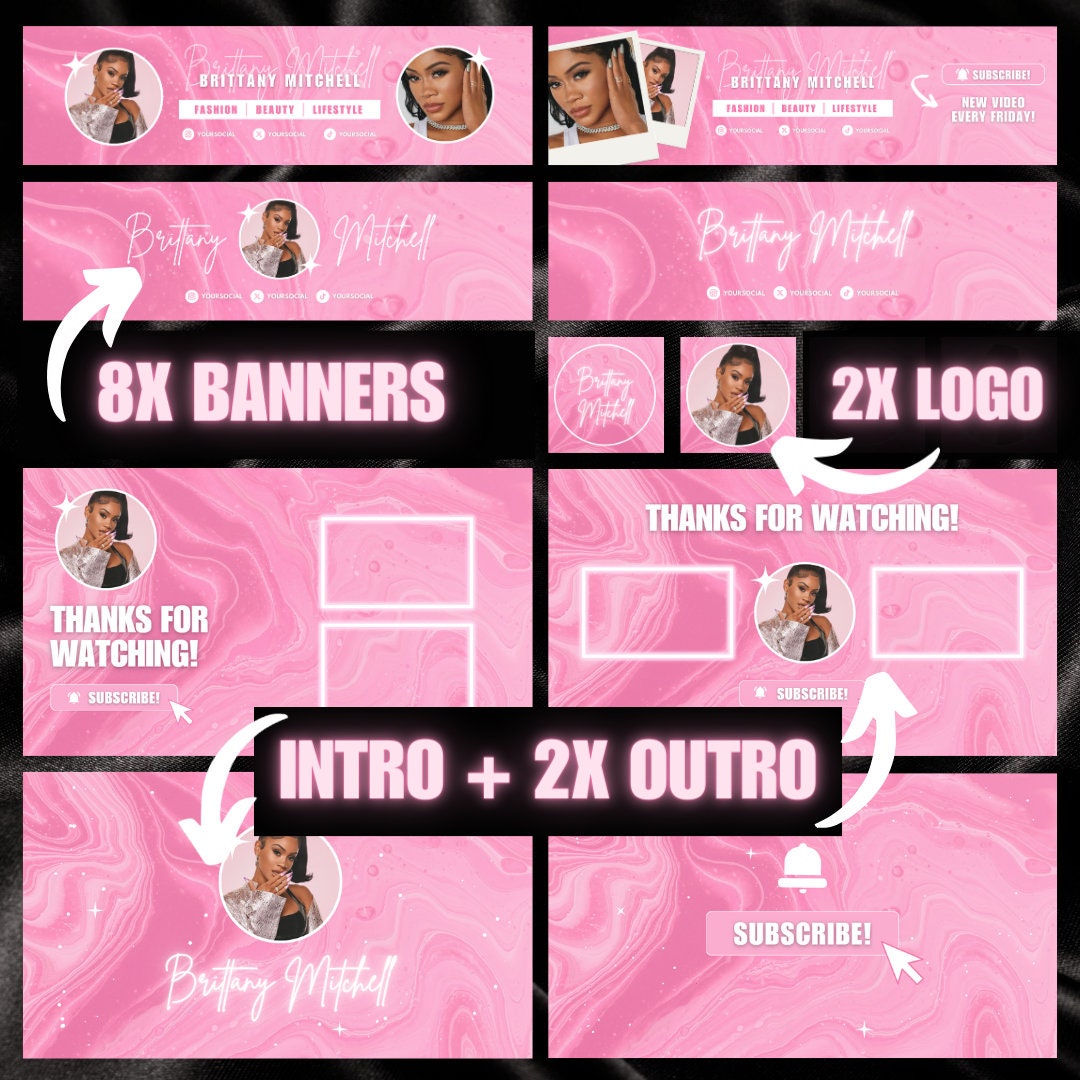 TRENDY GLAM Pink Marble Youtube Branding Kit | Editable Youtube Channel ...
