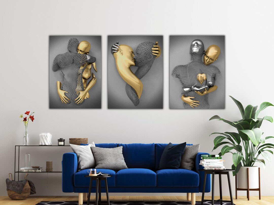 Set of 3 Hugging Couples Wall Art, Hugging Couples 3D Silver & Gold ...