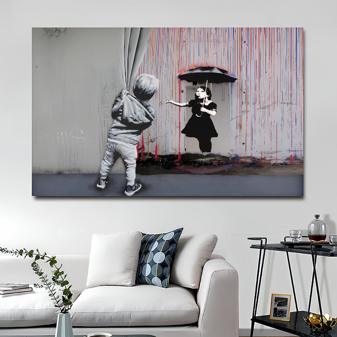Banksy Behind the Curtain Wall Art, Banksy Rainbow Rain Canvas Print, Banksy Coloured Rain Wall ...