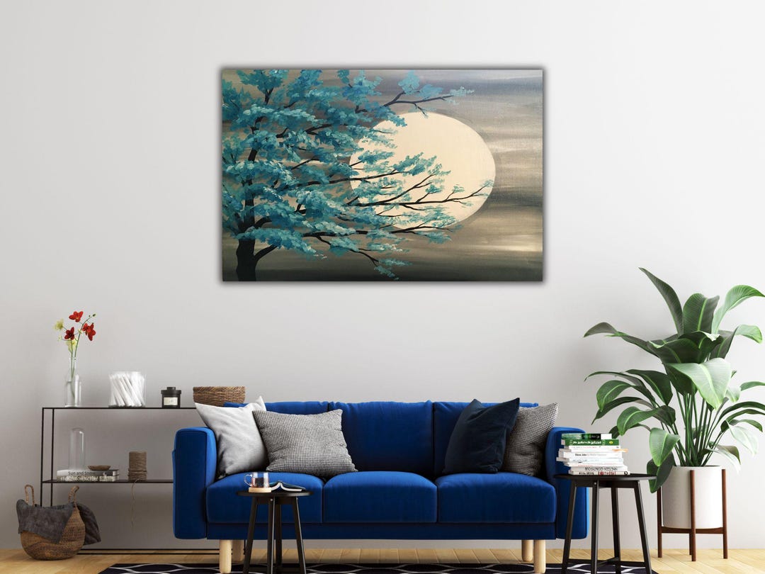 Tree and Moon Wall Art, Teal Tree in Moonlight Canvas Print, Blue Tree ...