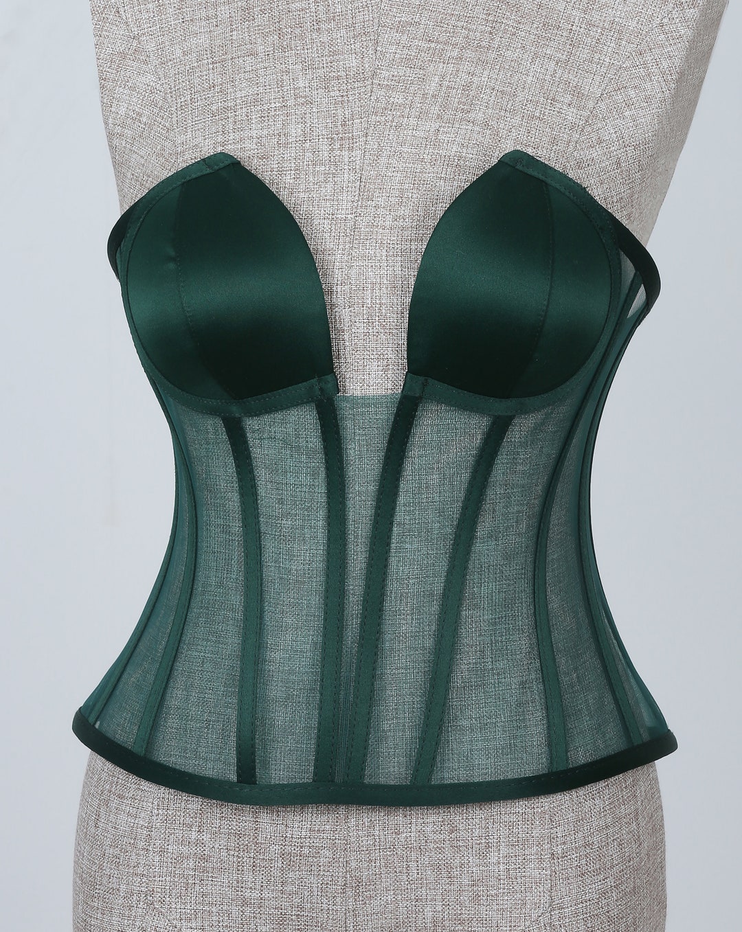 Dark Green Structured Mesh Corset, Underbust Bustier,transparent Boned ...