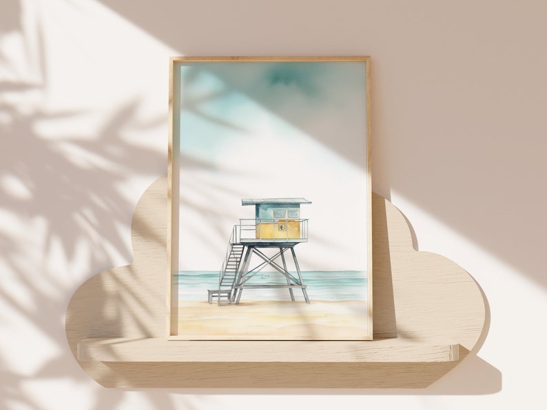 Coastal Lifeguard Tower Watercolour Digital Print Nursery Decor Surfer ...