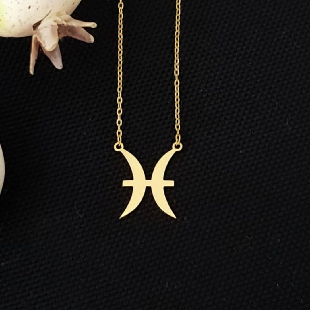 14K Solid Gold Pisces Sign Pendant, 18K Zodiac Pisces Sign Jewellery ...