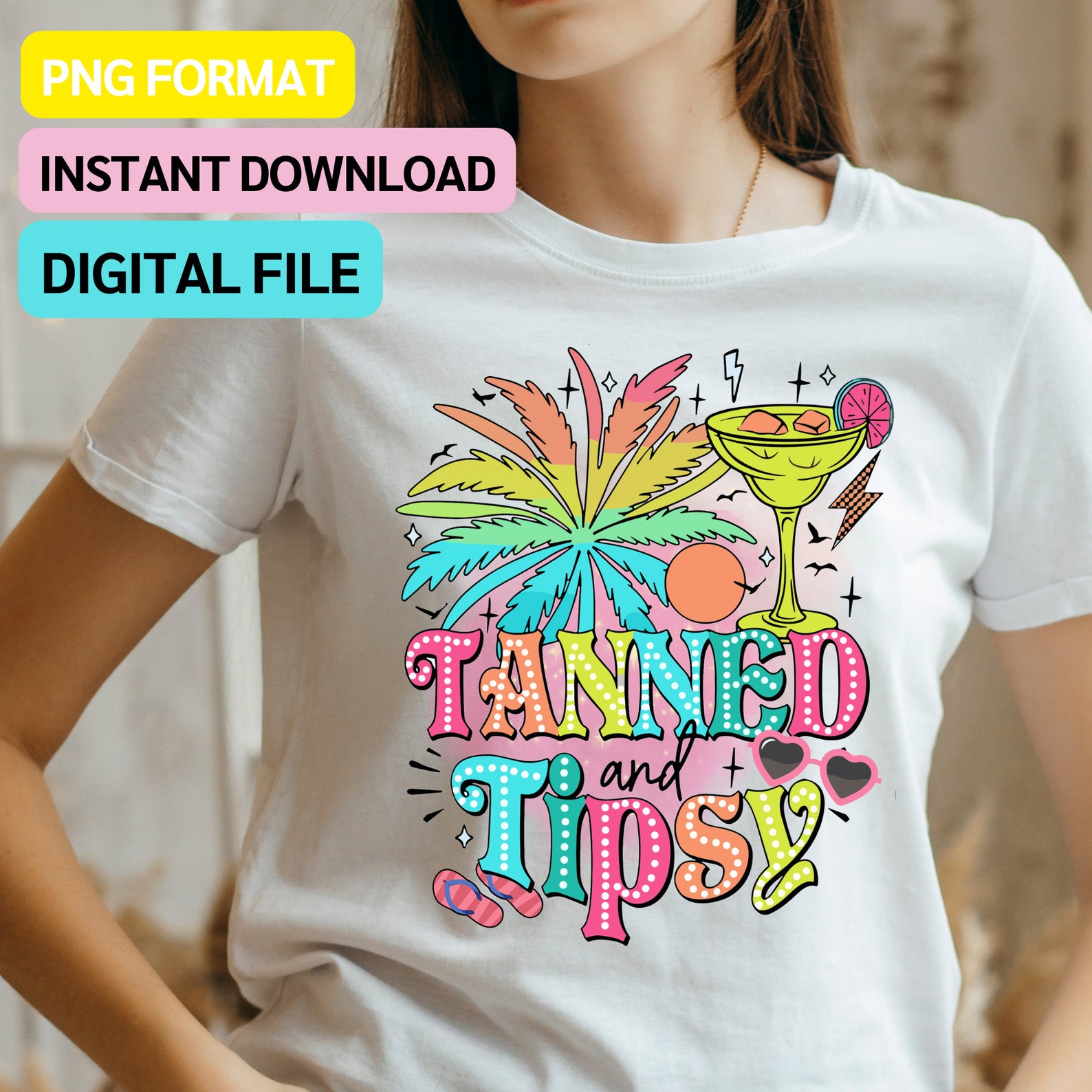 Tanned and Tipsy PNG, Bright Doodle Png, Funny Summer Quotes, Trendy ...