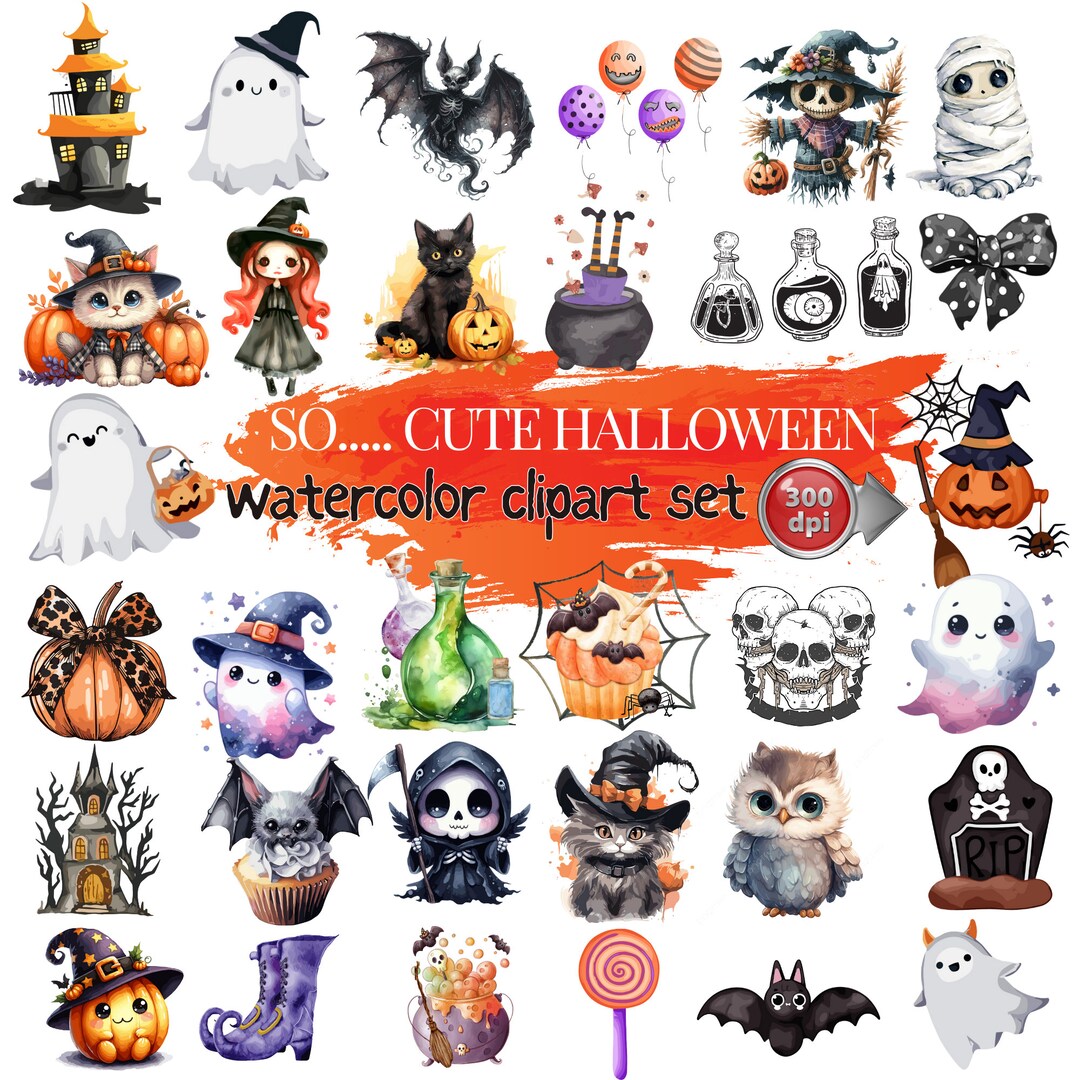 Watercolor Cute Halloween Clipart Bundle, Pastel Spooky Clip Art ...