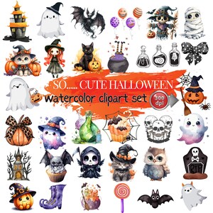 Watercolor Cute Halloween Clipart Bundle, Pastel Spooky Clip Art ...