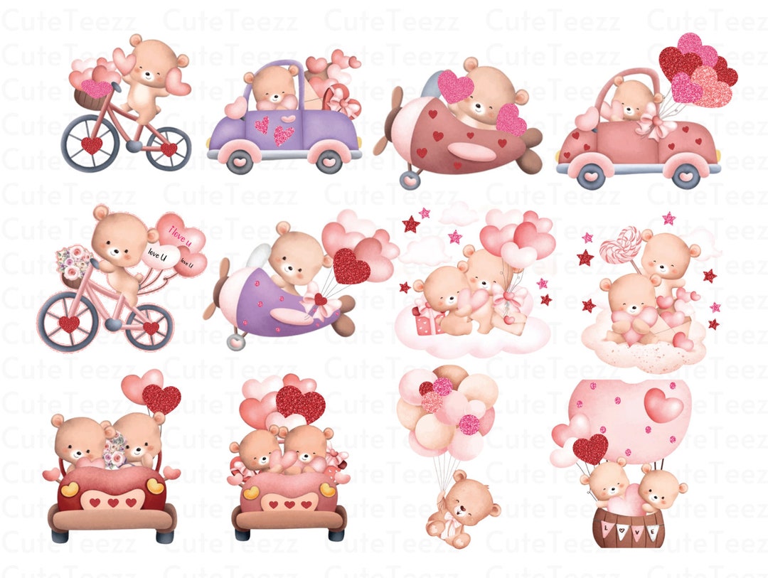 12 Valentine's Cartoon Png Bundle, Bear Png, Heart Png, Retro Valentine ...