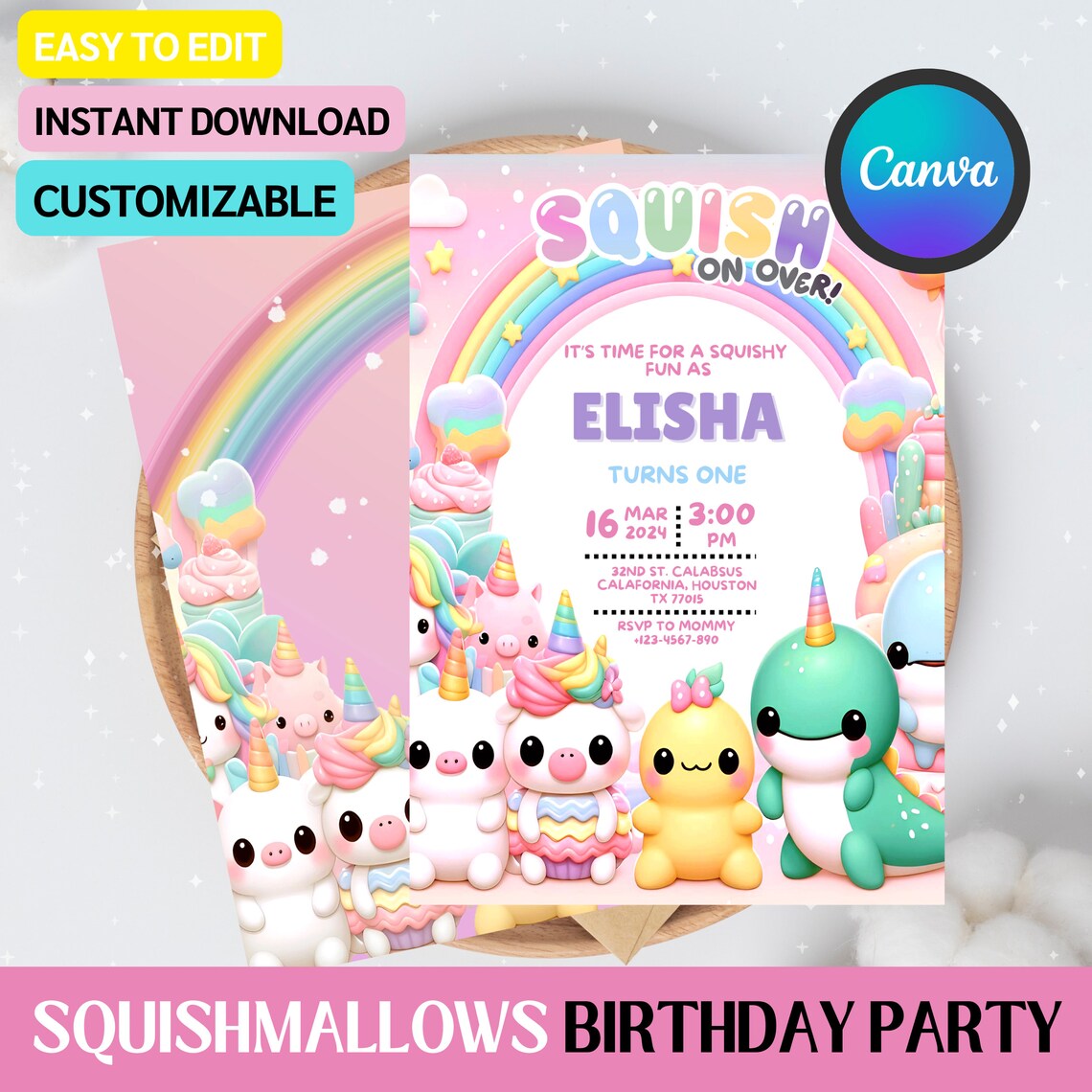 Editable Squishmallow Birthday Invitation, Squishy Invitation ...