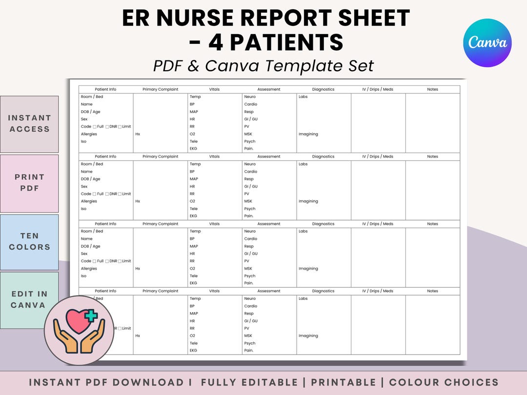 ER Nurse Report Brain Sheet: 4-patient Color-coded Assessment (PDF, PNG ...