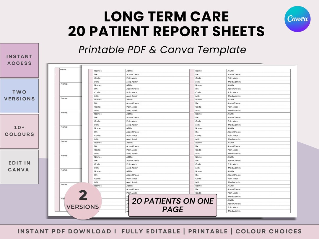 LTC 20 Patient Nursing Report Sheet - Nursing Homes, Assisted Living ...