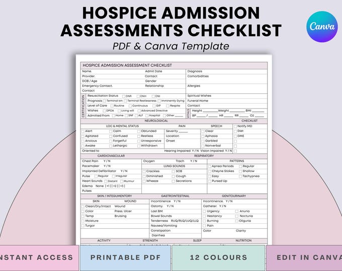 Editable Hospice Admission Checklist for Hospice Nurse Patient Sheet ...