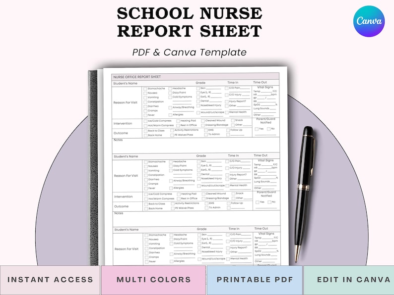 School Nurse Visit Report Sheets - Printable Health Office Log - School ...