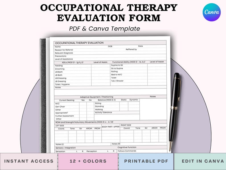 Occupational Therapy Evaluation Form- One Page OT Assessment Template ...