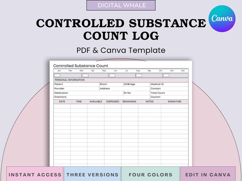 Controlled Substance Count Log Printable – Medication Tracking Sheet ...