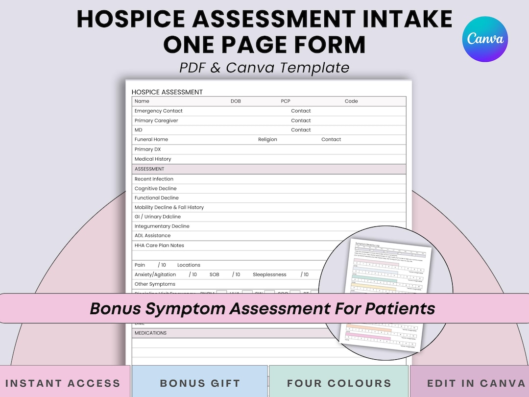 Hospice Nurse Assessment One Page Template - SOC, Admission, Patient Care Documentation ...