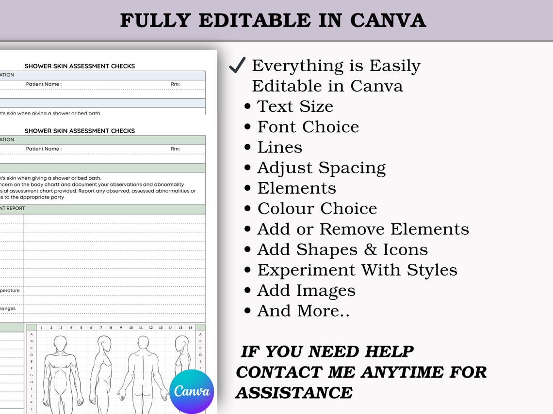 Shower Skin Check Sheet - Nursing Assessment Form, Wound Care ...