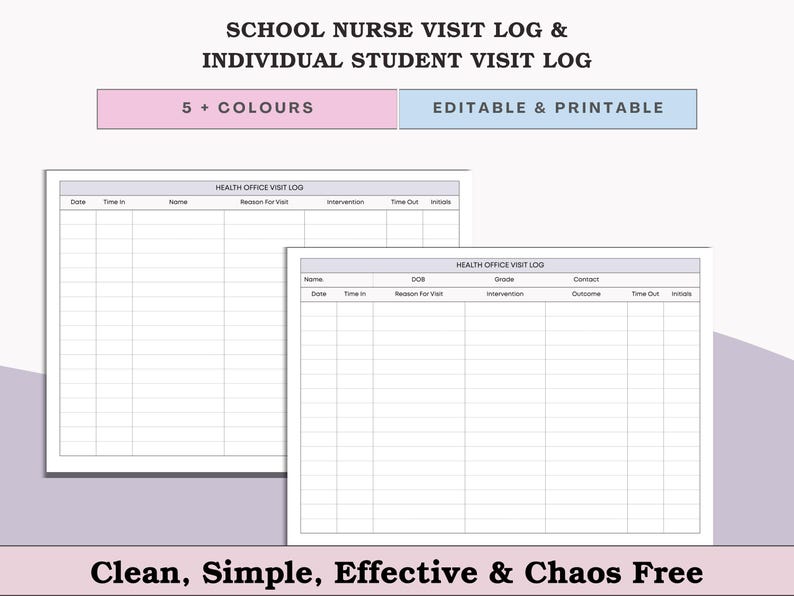 School Nurse Office Visit Log Templates - Individual Student & Health ...
