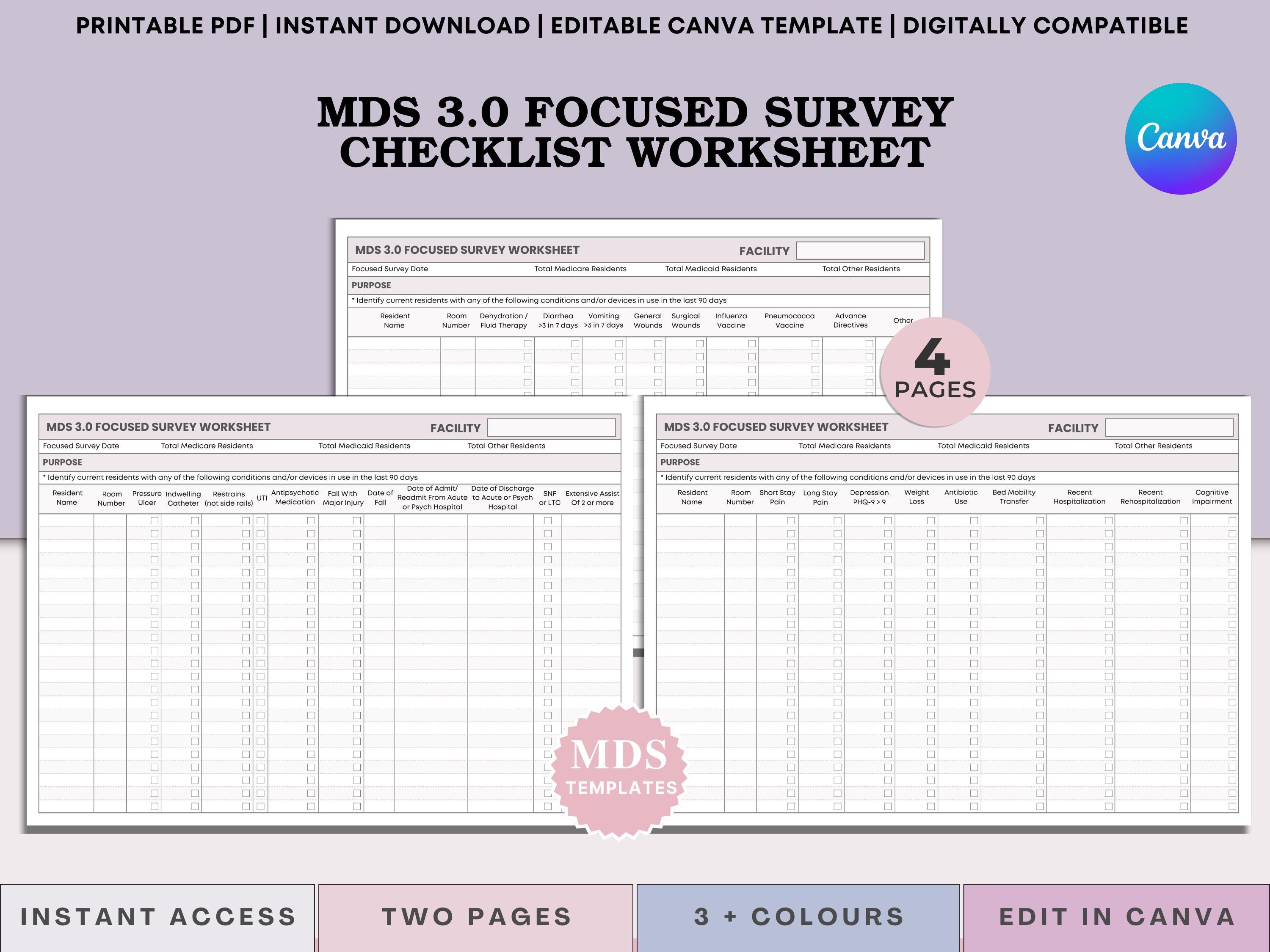 MDS 3.0 & Survey Prep Tracker Worksheets for Dons| Nursing Home Quality ...
