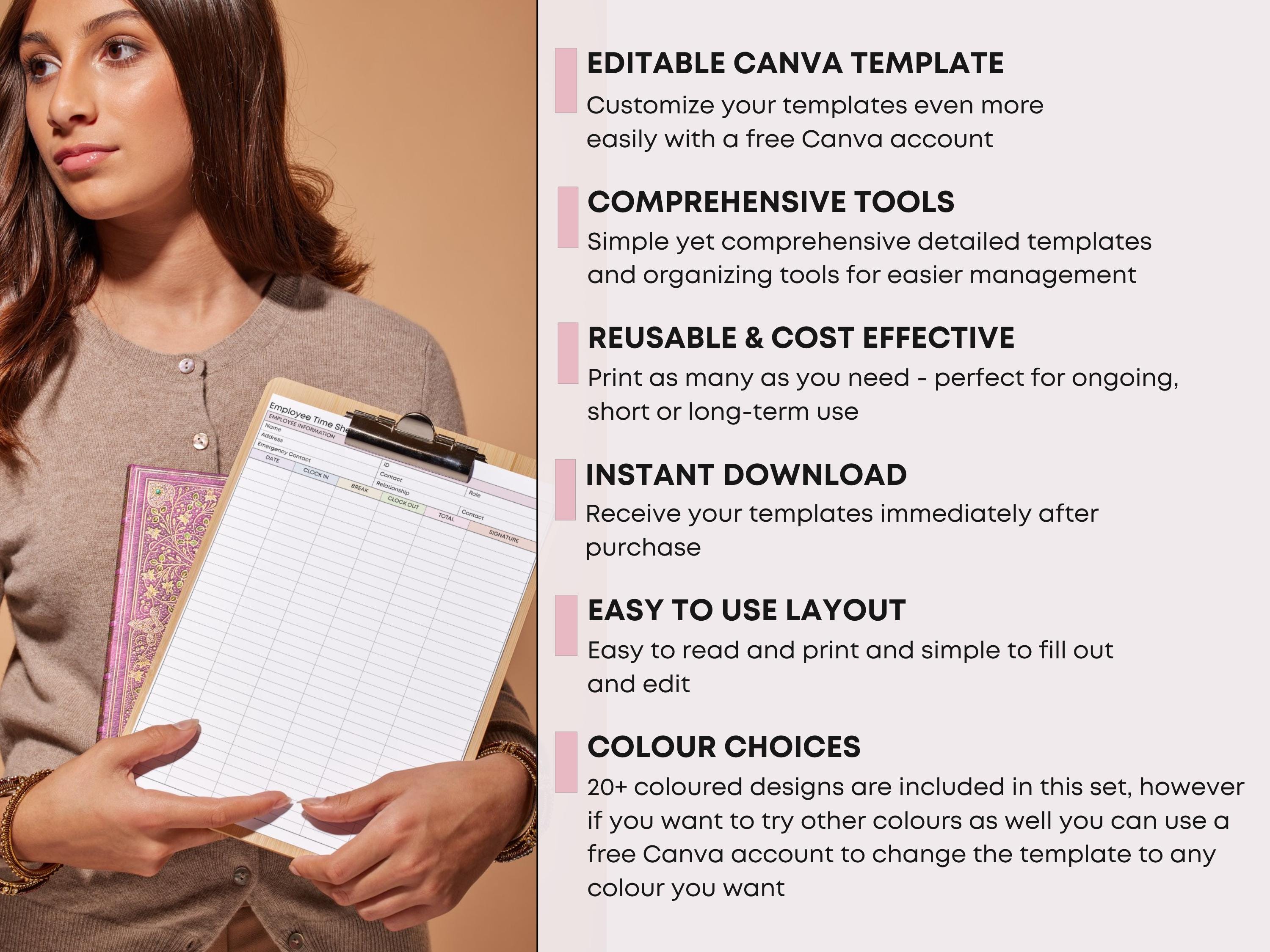 Editable Employee Timesheet,work Log,employee Timecard,work Organiser,employee Checklist ...