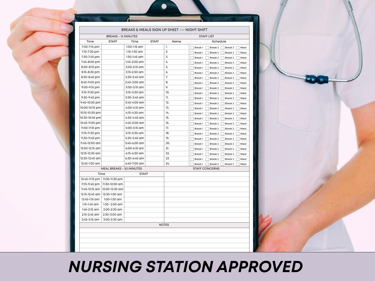 Nurse Break & Meal Schedule Sign-up Sheet | Day/night Shift 12-hour ...