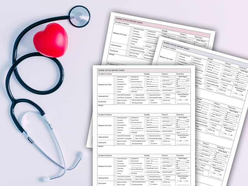 School Nurse Visit Report Sheets - Printable Health Office Log - School ...